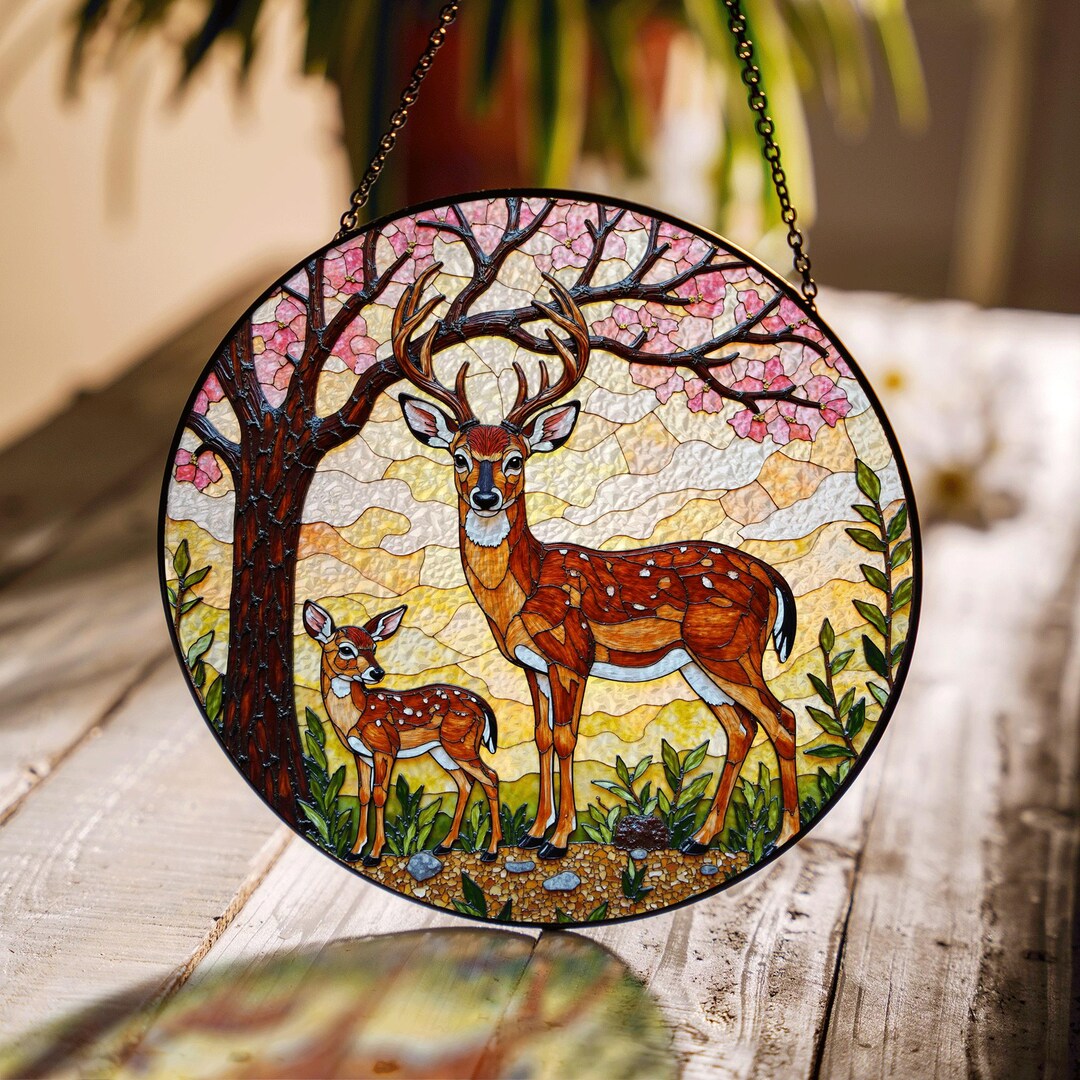 Deer Forest Stained Glass Suncatcher Nature Window Decor Gift for ...