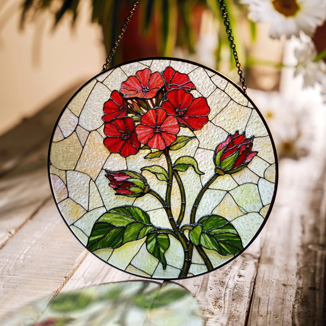 Red Geranium Flower Stained Glass Round Suncatcher Window Decor Gift ...