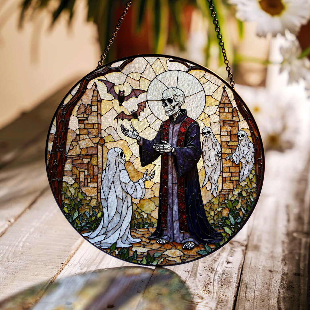 Suncatcher Stained Glass Skeleton Priest With Ghosts and Bats Halloween ...