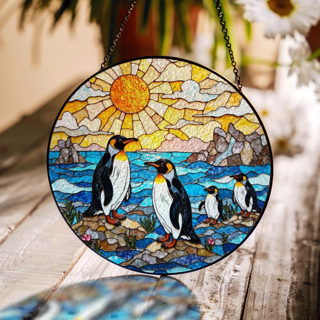 Penguin Ocean Scene Stained Glass Suncatcher Animal Window Decor Gift ...