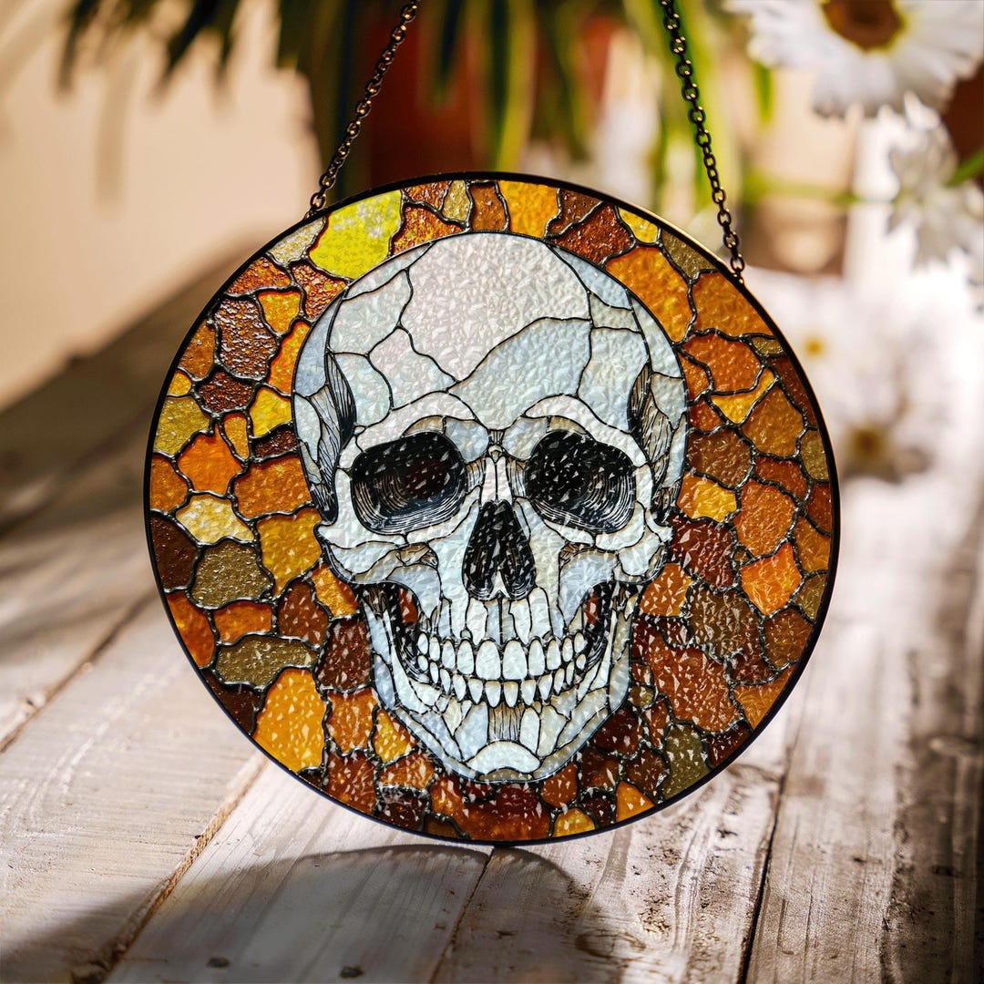 Handmade Stained Glass Skull Suncatcher Vintage Window Art Gift for ...