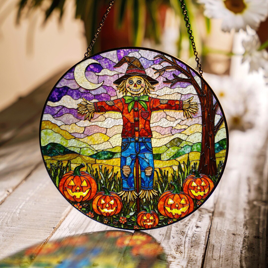 Suncatcher Stained Glass Scarecrow Pumpkin Patch Halloween Gift - Etsy