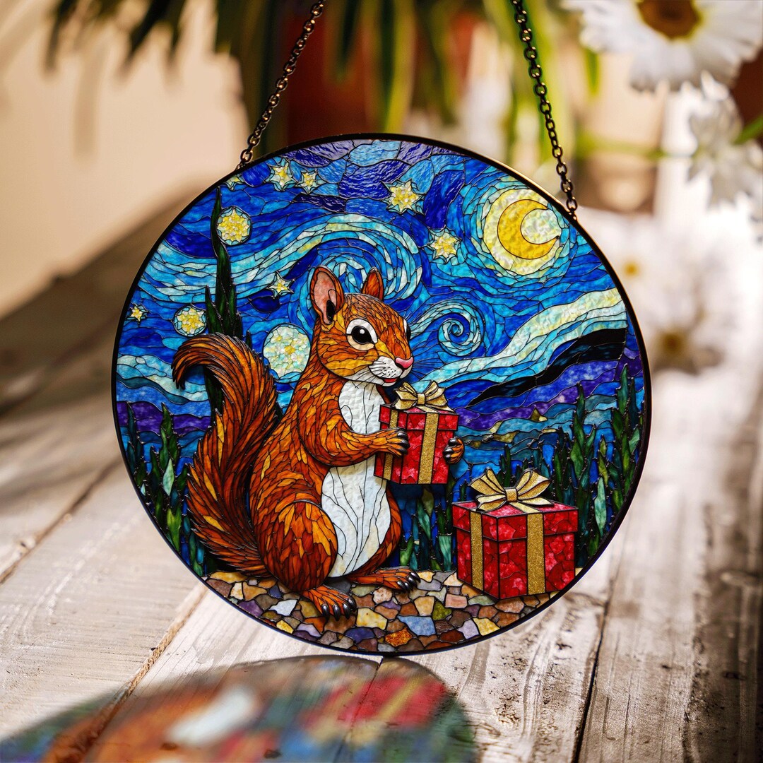 Squirrel With Gift Box Stained Glass Style Suncatcher Woodland Animal ...