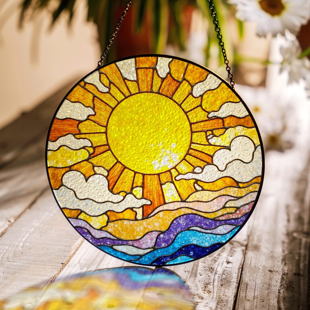 Vibrant Sun Sky Clouds Round Stained Glass Suncatcher Window Decor Gift ...