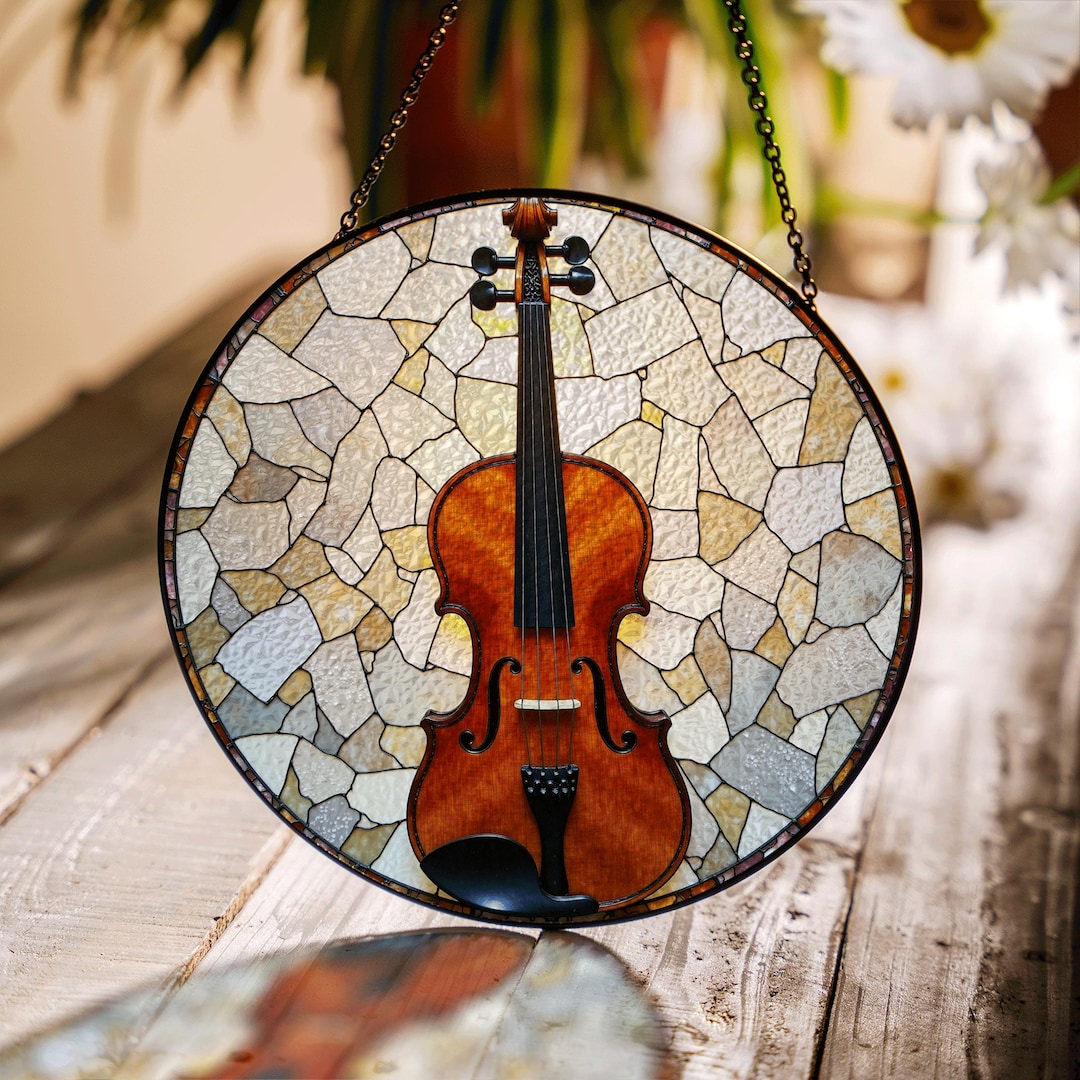 Stained Glass Violin Round Suncatcher Window Art Gift for Music Lover ...