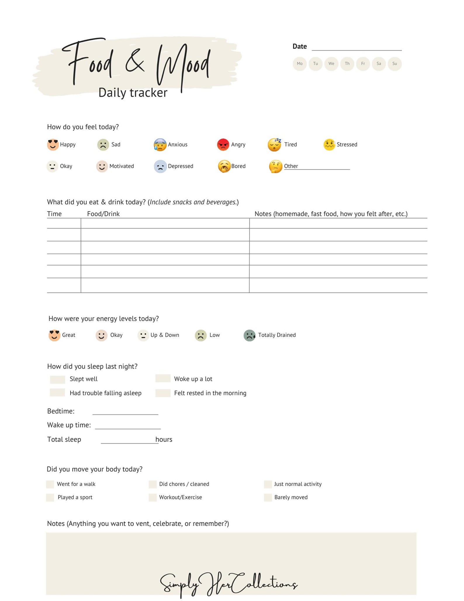 Daily Food & Mood Tracker: Wellness Log (digital Download) - Etsy