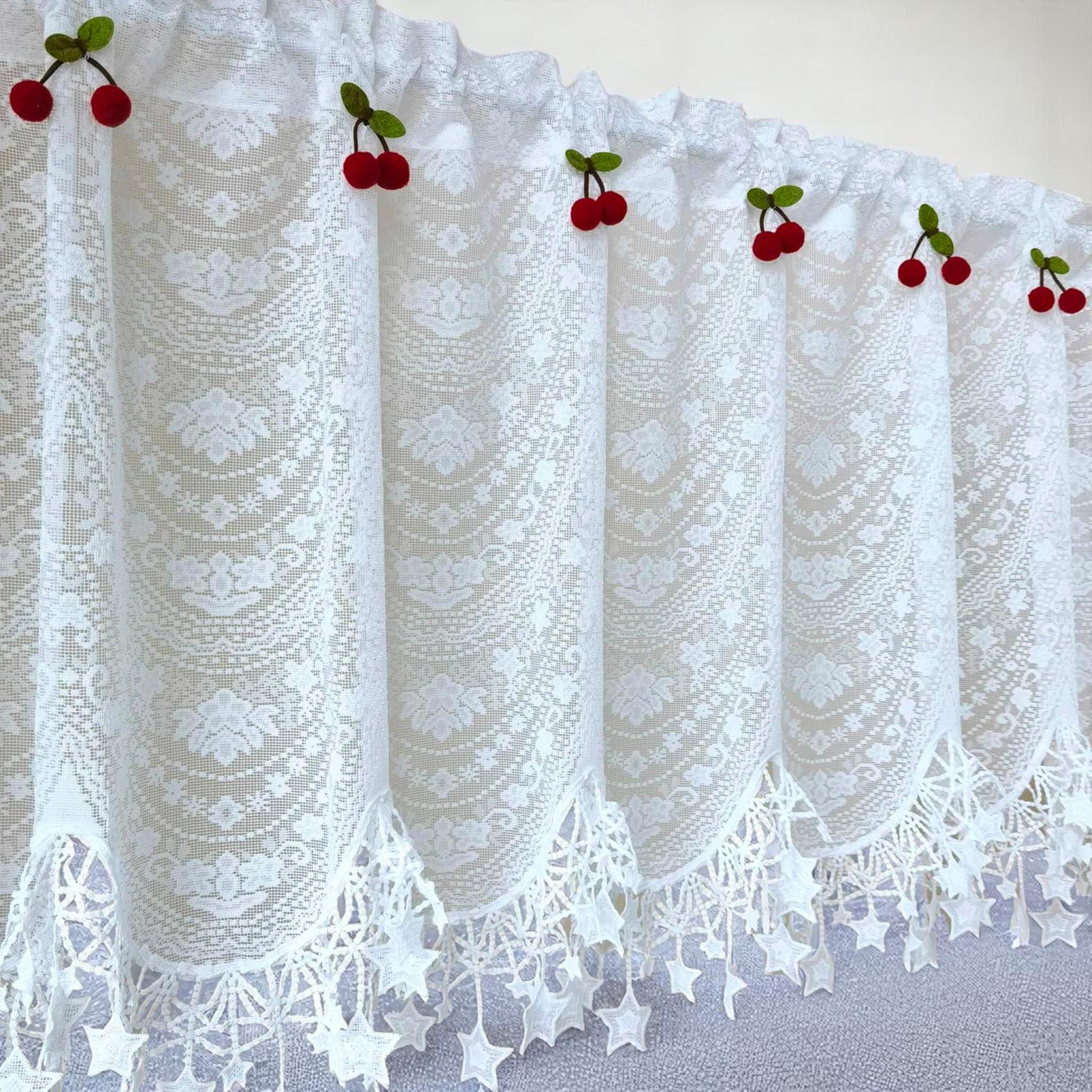 White Lace Cafe Curtain: Cherry & Pentagram Embroidery, Boho Kitchen ...