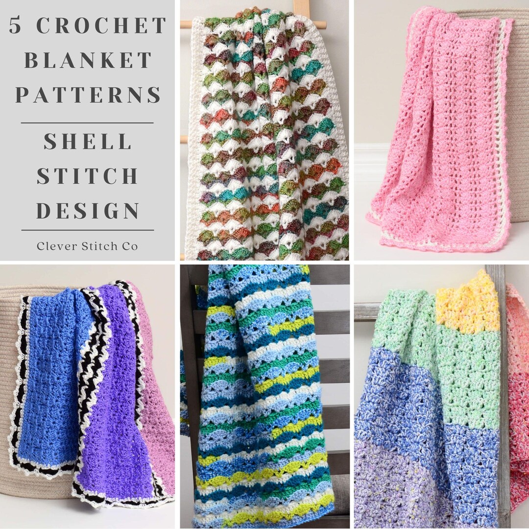 Crochet Blanket Patterns Bundle: 5 Easy Shell Stitch Throw Designs (PDF ...
