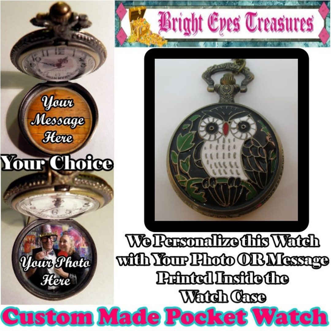 Custom Made OWL Bird Enamel Pocket Watch Personalized W/ Your Message ...