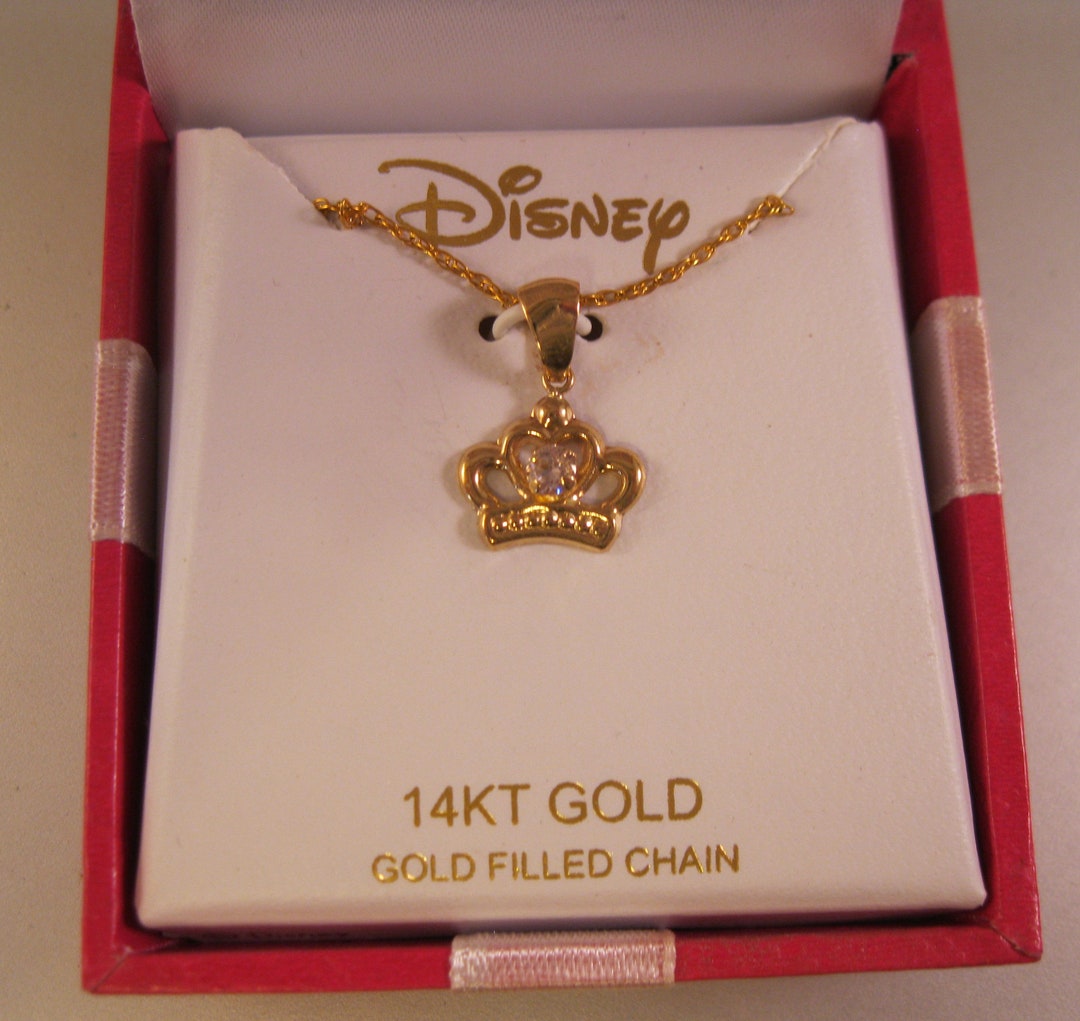 Vintage DISNEY 14K Gold Pink Crystal Princess Crown Pendant With 12K ...