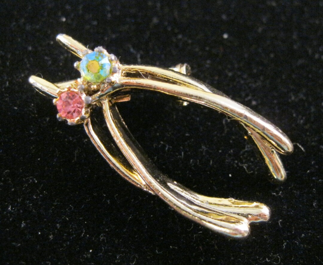 Vintage Double Wishbone Rhinestone Good Luck Brooch Pin Blue & Pink ...