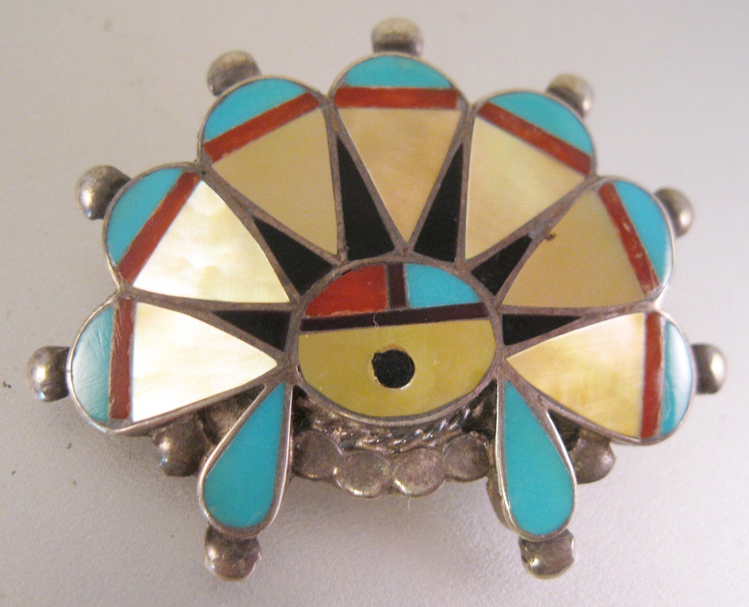 Native American Zuni Kachina Sun God Face Inlaid Brooch or Pendant ...