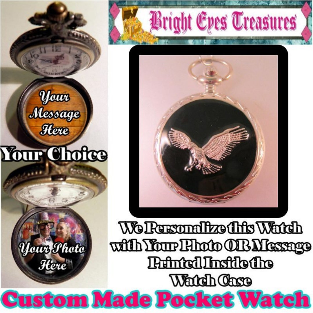 Custom Made SILVER EAGLE Pocket Watch Personalized W/your Message or ...