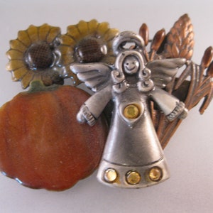 KENNETH COLE Fall Autumn Pumpkin Sunflower Angel Brooch Pin Signed KC ...