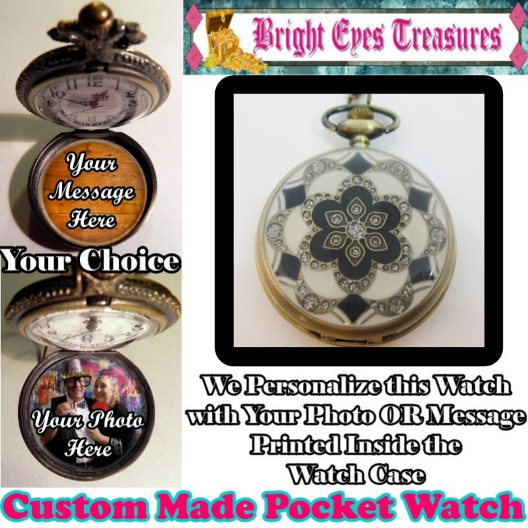 Custom Made HARLEQUIN Black & White Enamel Pocket Watch Personalized W ...
