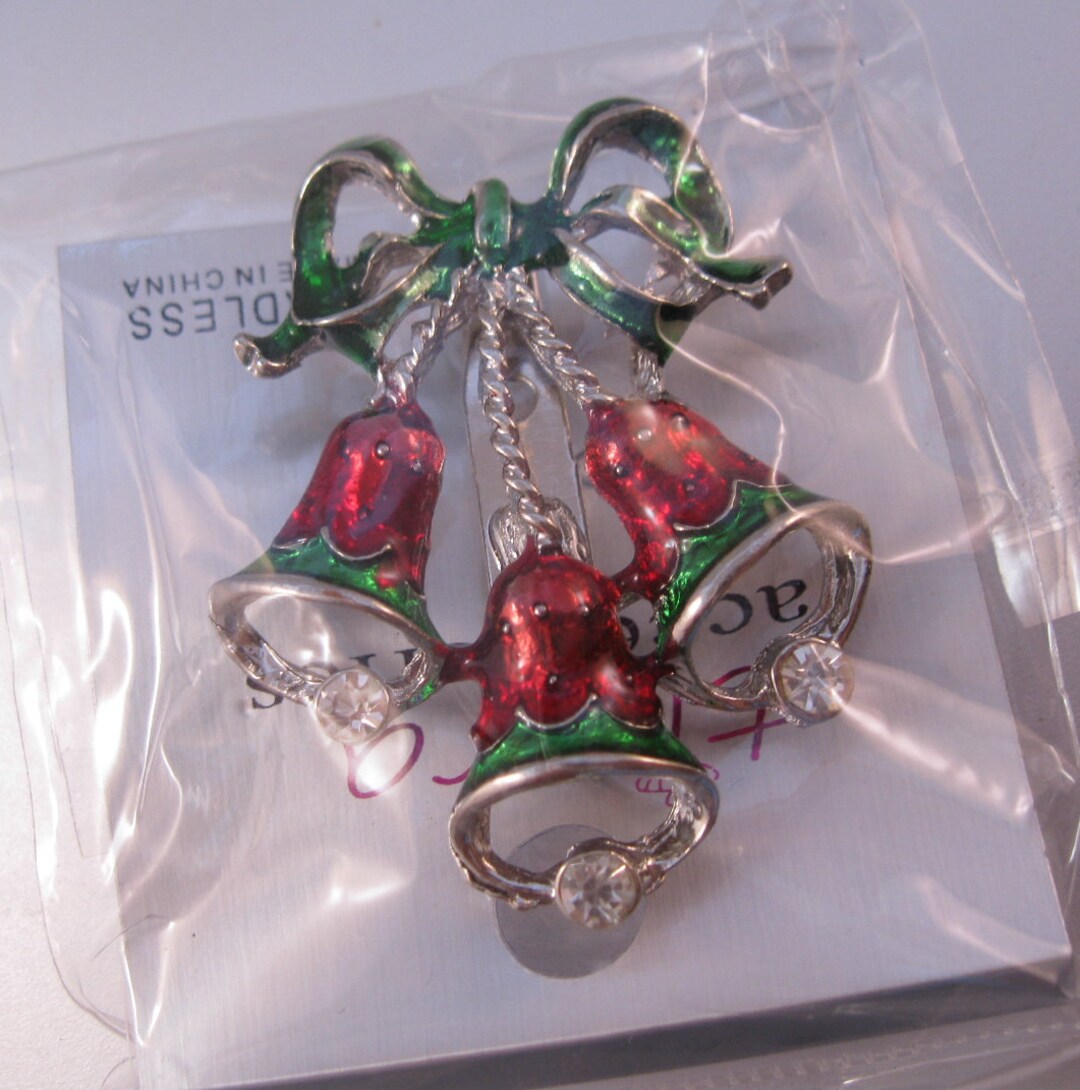 Vintage Christmas Bells Brooch still in Original Package Rhinestones ...