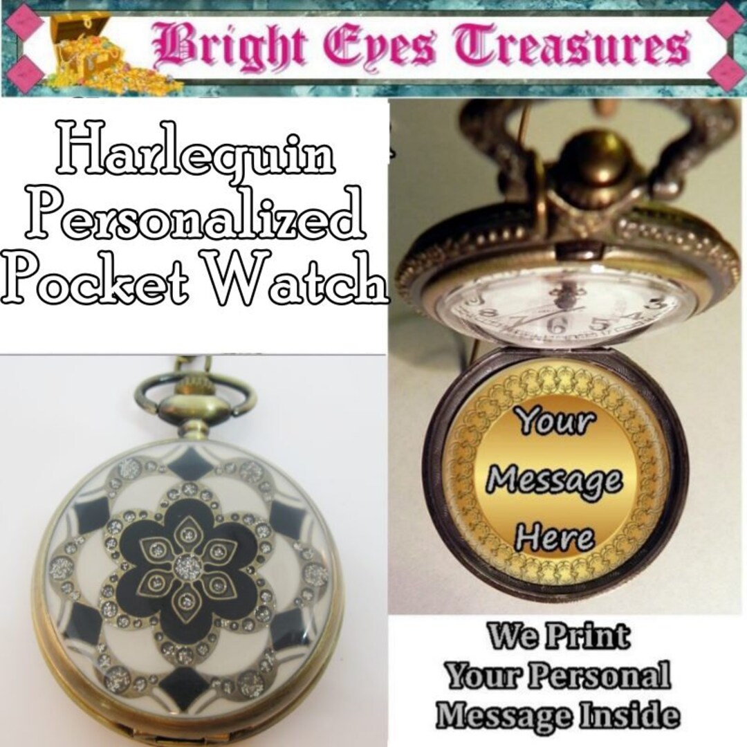 Harlequin Black & White Enamel W/ Glitter Personalized Pocket Watch W ...