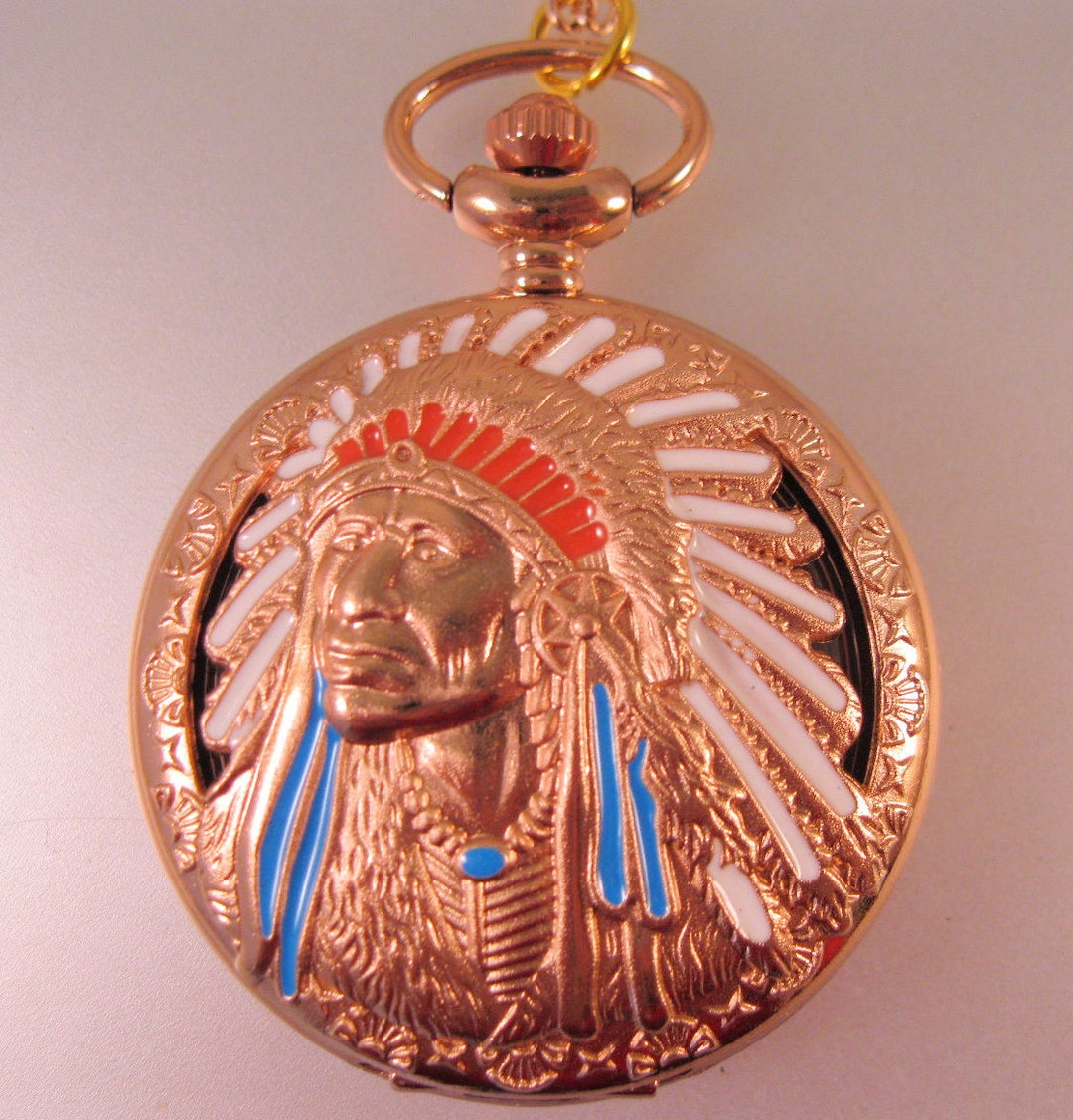 Native American Indian Chief Pocket Watch Rose Gold Tone Finish With 31 ...
