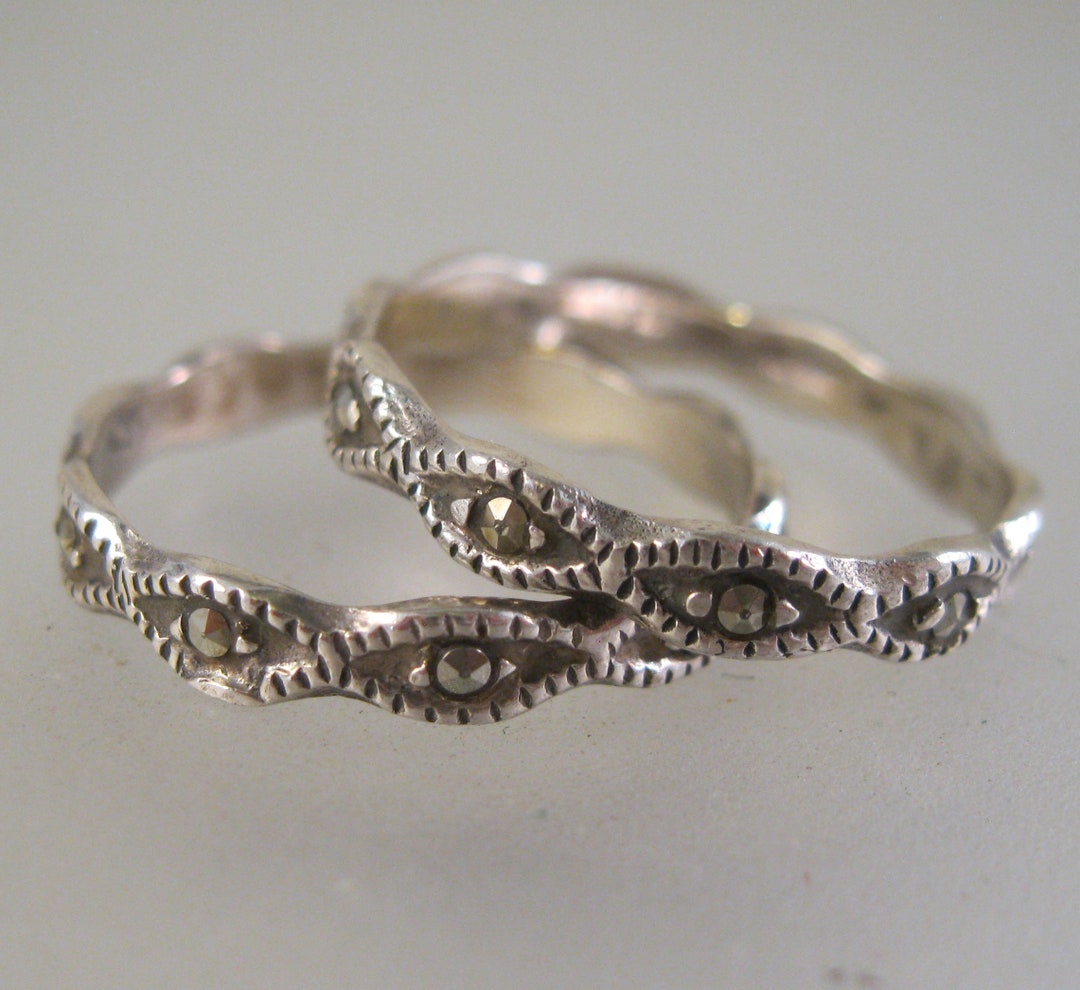 2 MARSALA Edwardian Style Marcasite Sterling Silver Band Stacking Rings ...
