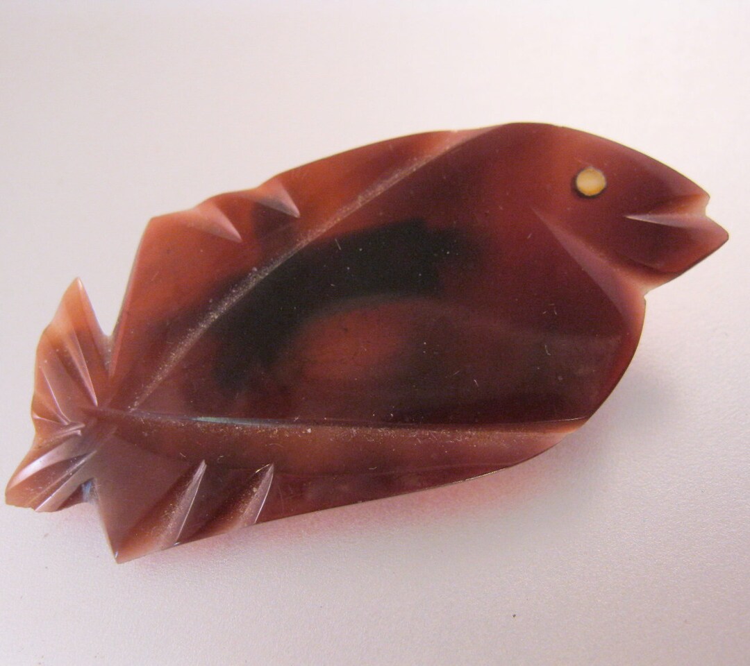 Vintage Tortoise Shell Mother of Pearl Hand Carved Fish Brooch Pin ...