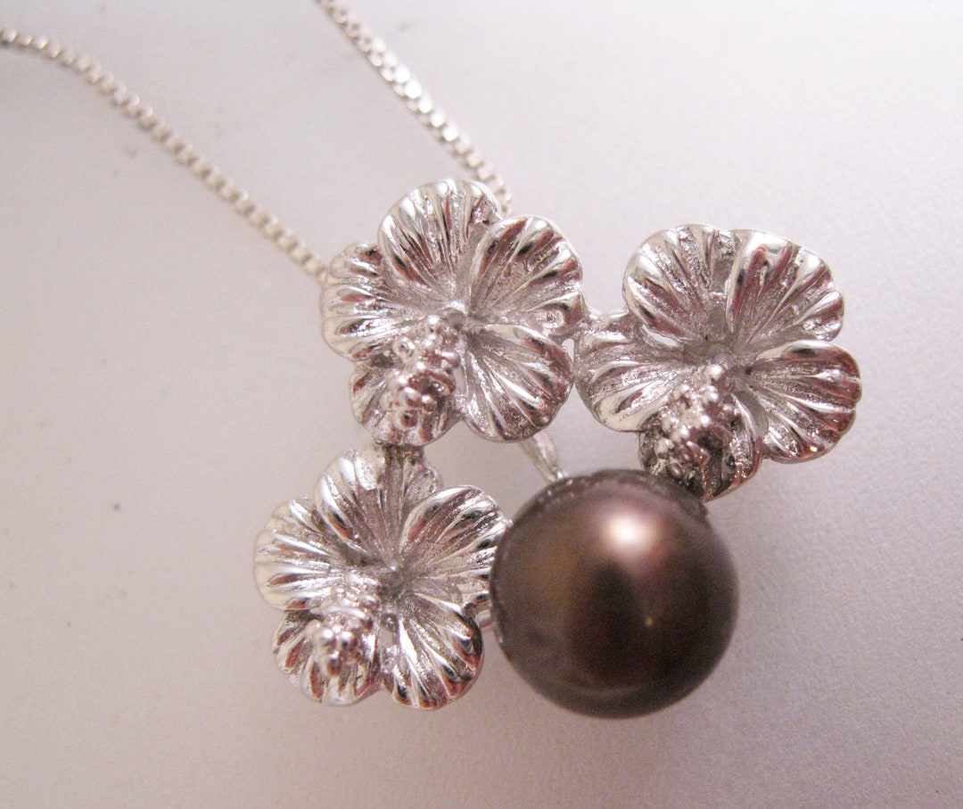 Hawaiian PRJ Hibiscus Flower Genuine Cultured Pearl Sterling Silver Pendant Necklace 16" Chain ...
