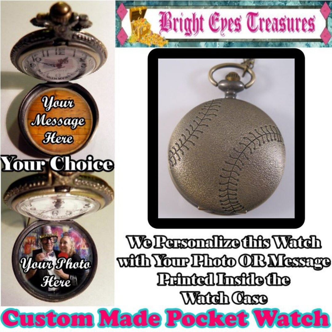 Custom Made BASEBALL Pocket Watch Personalized W/ Your Message OR Photo ...