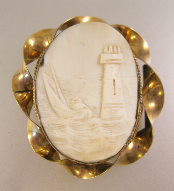 Victorian Antique Lighthouse & Boat Hand Carved Shell… - Gem