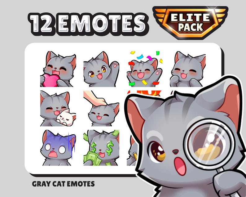 Gray Cat Emotes Elite Pack Bundle Cute Chibi Cat Emotes for Streamers ...