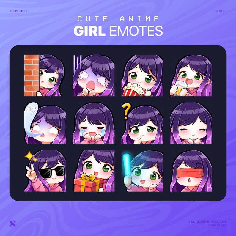 Chibi Anime Girl Emotes Pack V2 - Vtuber Purple Hair Emotes for ...