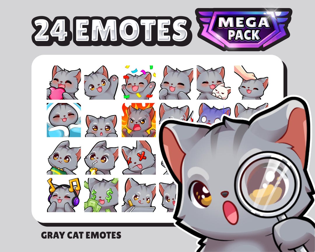 Gray Cat Emotes Mega Pack Bundle Cute Chibi Cat Emotes for Streamers ...