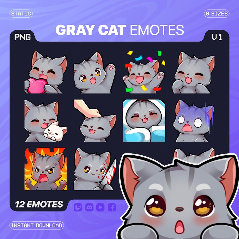 Gray Cat Emotes Pack V1 – Funny Chibi Cat for Streamers Twitch Discord ...