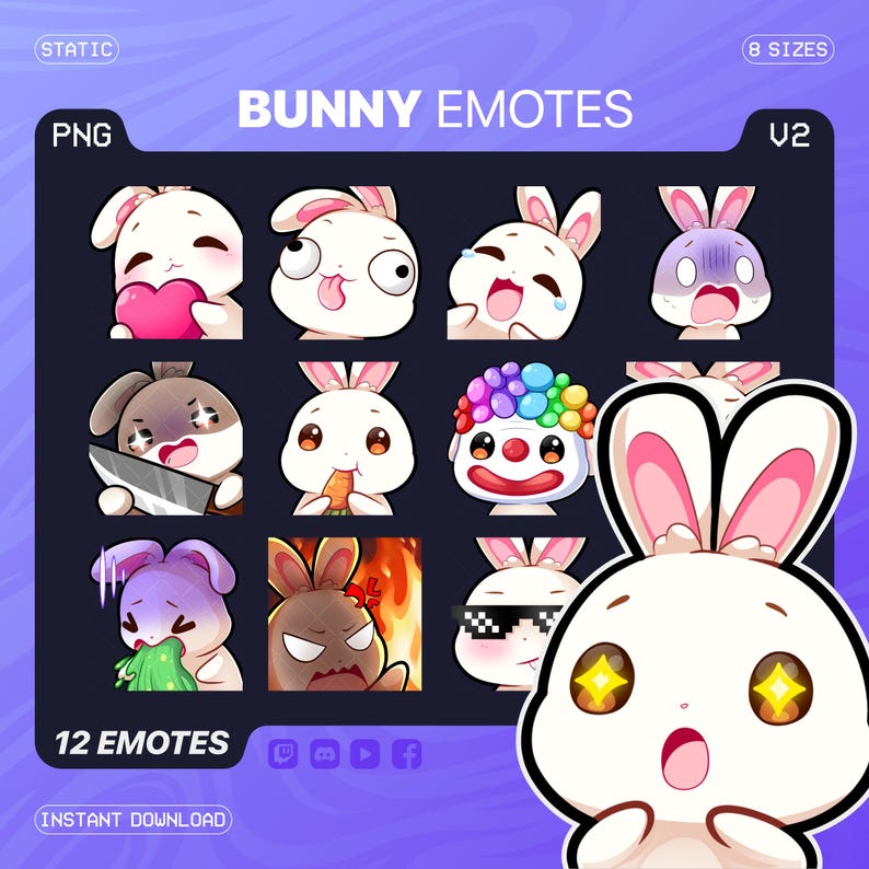 Bunny Emotes Pack V2 – Chibi Rabbit Emotes for Streamers Twitch Discord ...