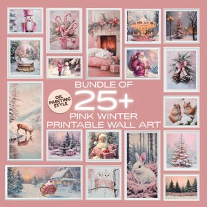 Pink Winter Printables Set of 25 Wall Art. Pink Holiday Poster. Pink ...