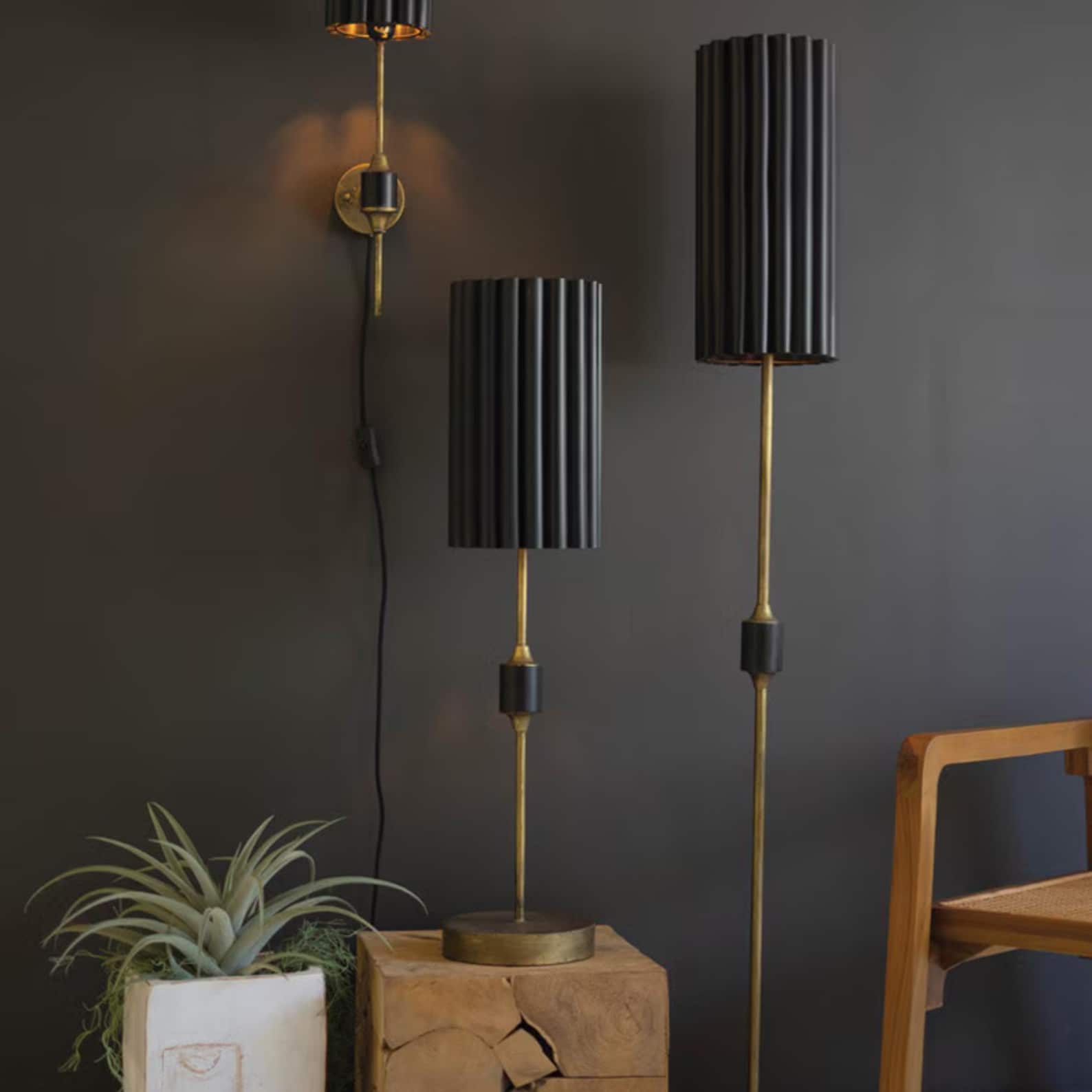 Antique Gold Floor Lamp With Black Fluted Metal Shade - Etsy