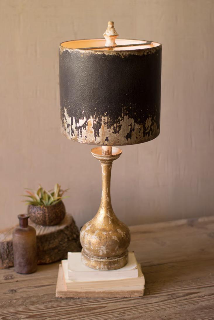 Table Lamp With Round Wooden Base and Black and Gold Metal Shade - Etsy