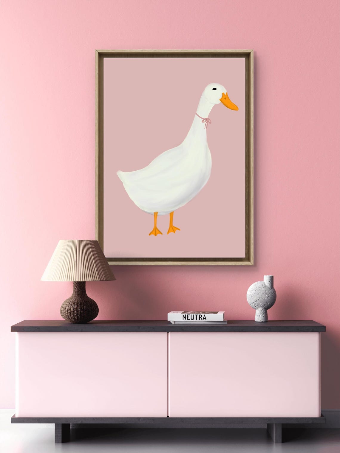 Pretty Duck Digital Art Print- White Duck With Pink Bow- Minimalist ...