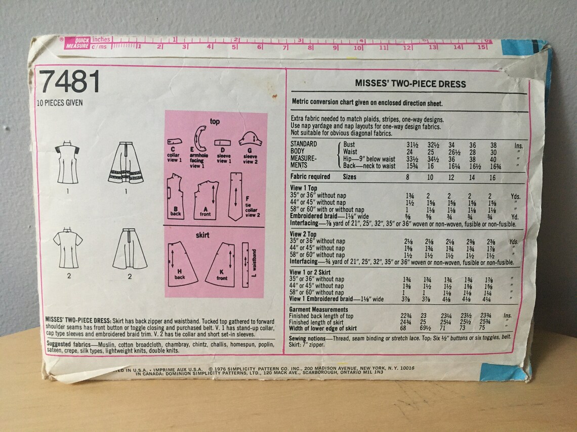 Simplicity 7481, Vintage Sewing Pattern 70's, Misses' Two-piece Dress ...