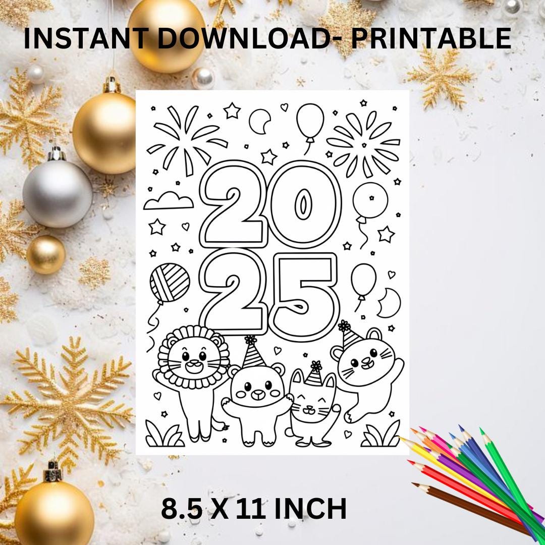 2025 Happy New Year Coloring Sheet for Kids, Animal Themed Sheet, for ...