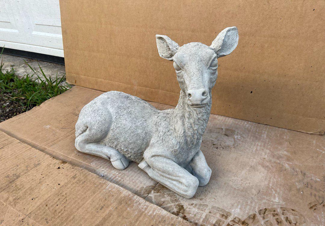 Large Deer Laying Statue Garden Fawn Stone Sculpture Concrete Forest ...
