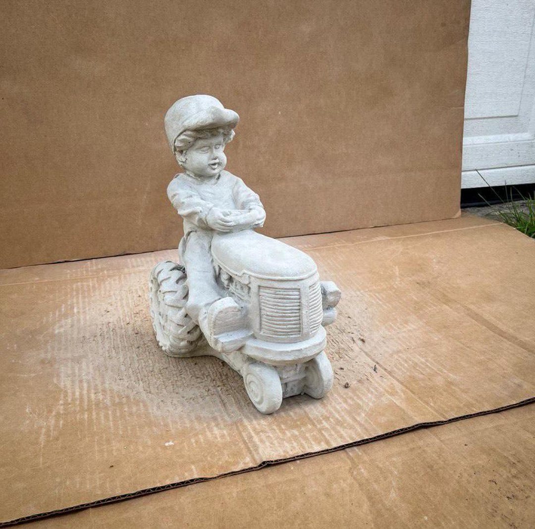 Boy on Tractor Concrete Statue Farm Kid Sculpture Stone Boy With ...