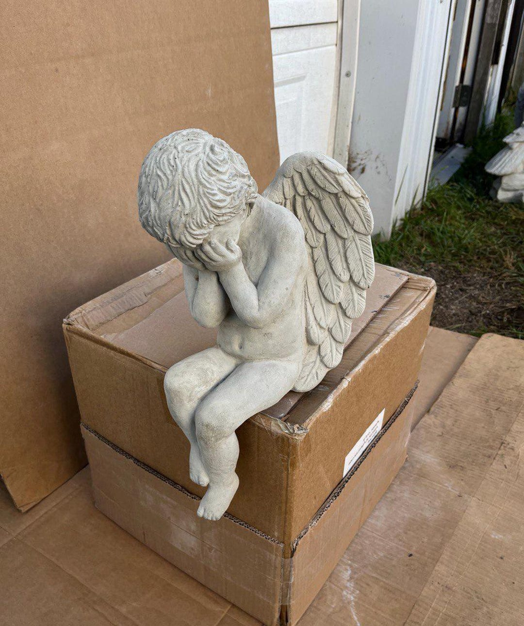 Angel Weeping Concrete Sculpture Sitting Angel With Wings Statue Stone ...