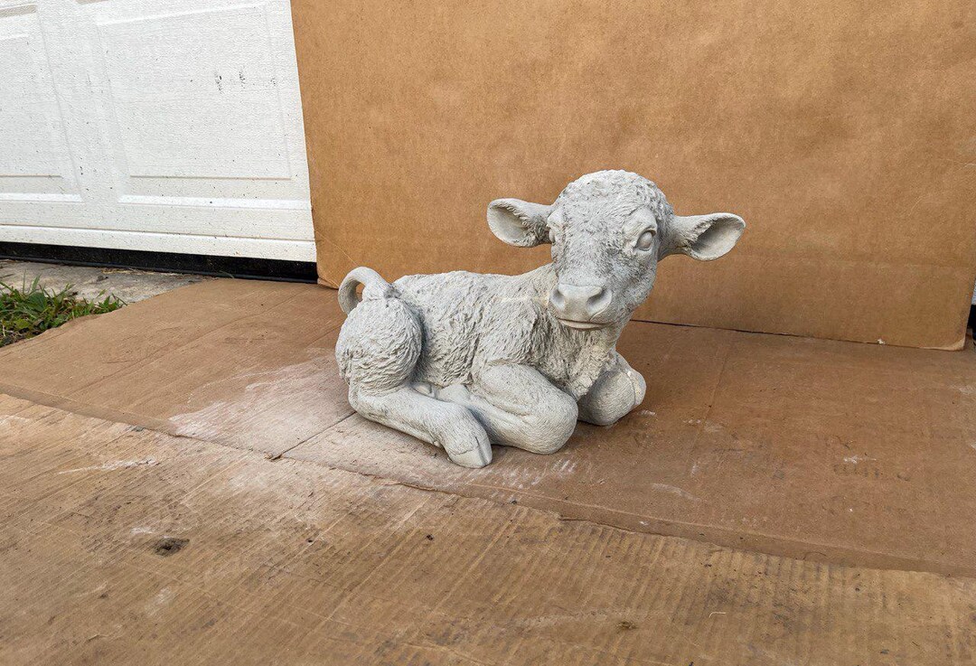 Calf Laying Stone Sculpture Laying Cow Detailed Statue Porch Animal ...