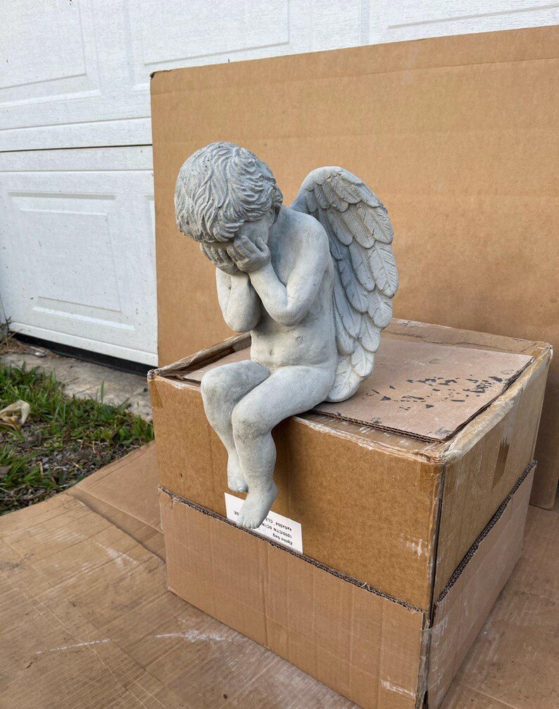Angel Weeping Concrete Sculpture Sitting Angel With Wings Statue Stone ...
