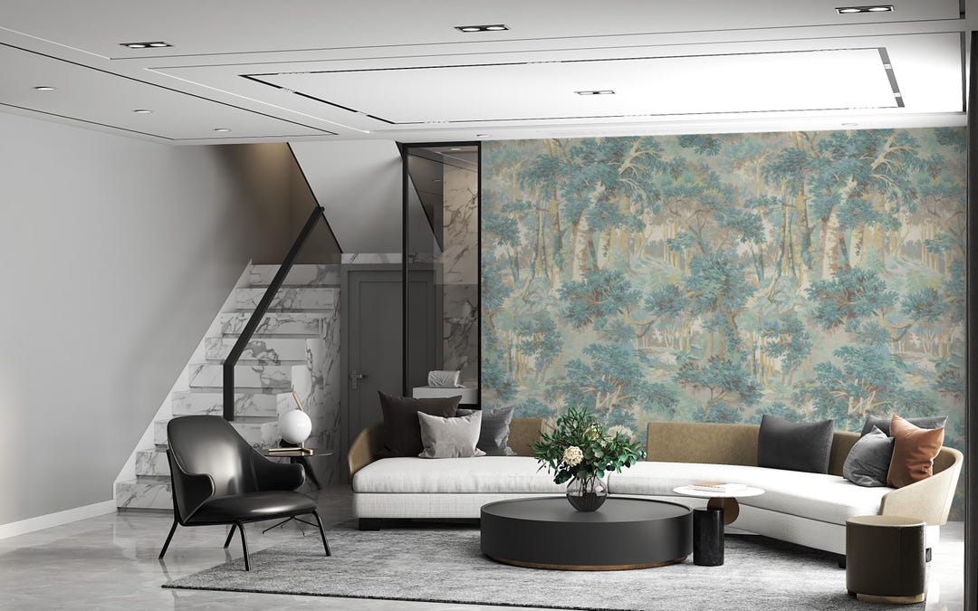 Forest Themed Wallpaper , Rustic Desing in Blue and Green Tones ...