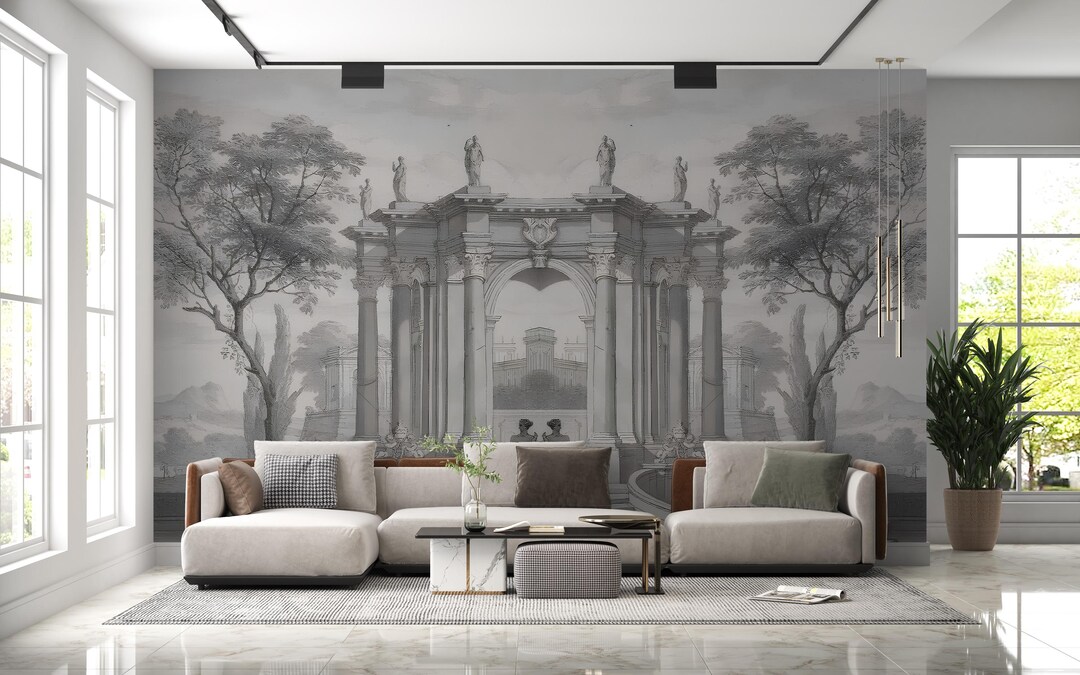 Neoclassical Architectural Wallpaper , Elegant Greyscale Mural With ...