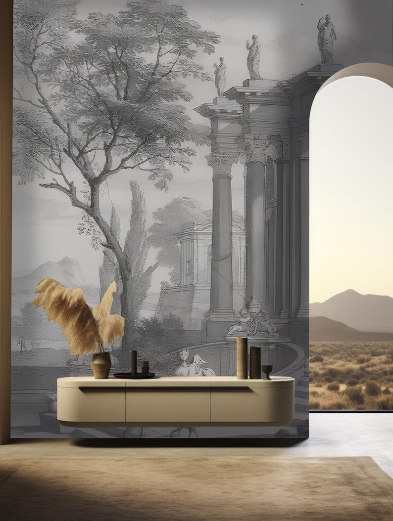 Neoclassical Architectural Wallpaper , Elegant Greyscale Mural With ...
