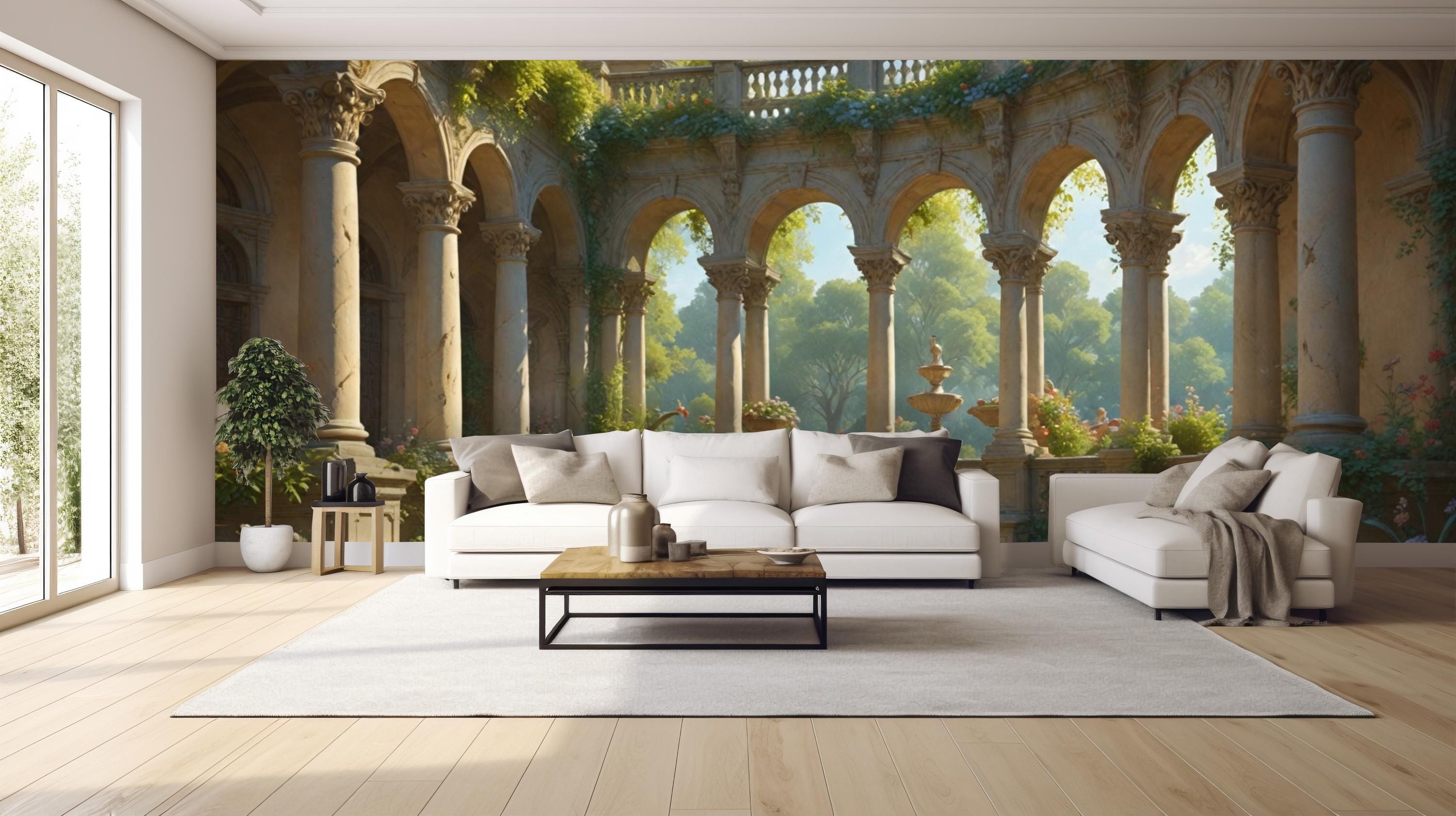 Antique Columned Garden - Floral Wallpaper , Renaissance Wallpaper ...