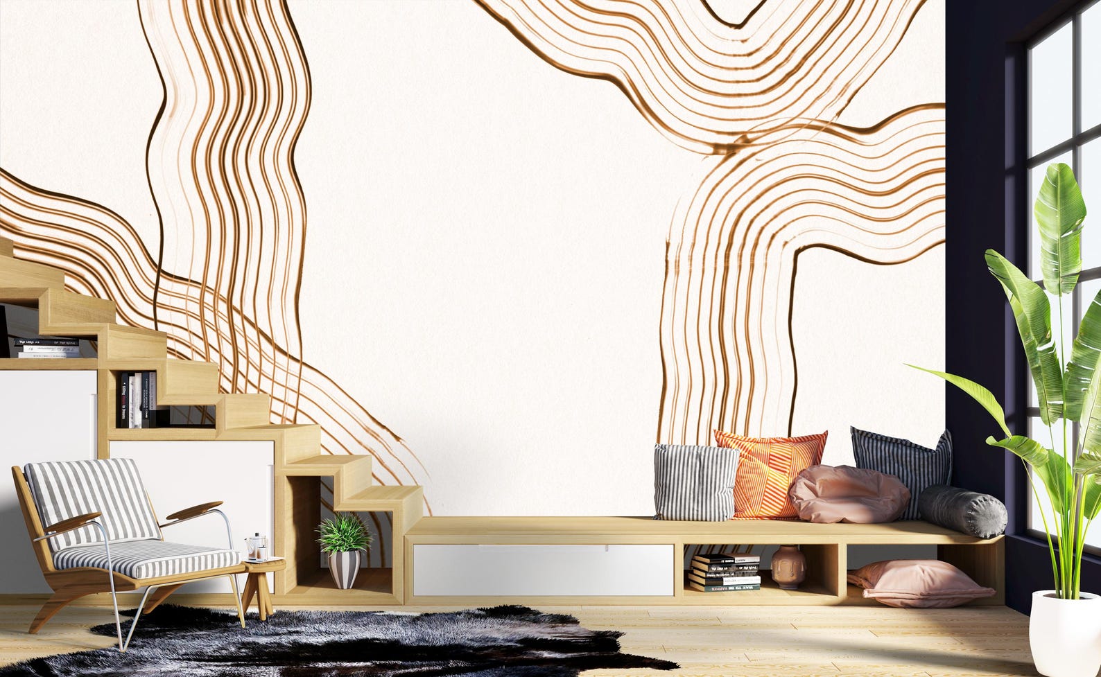 Minimalist Wavy Lines Wallpaper , Modern and Simple Decor Desing , Wavy ...