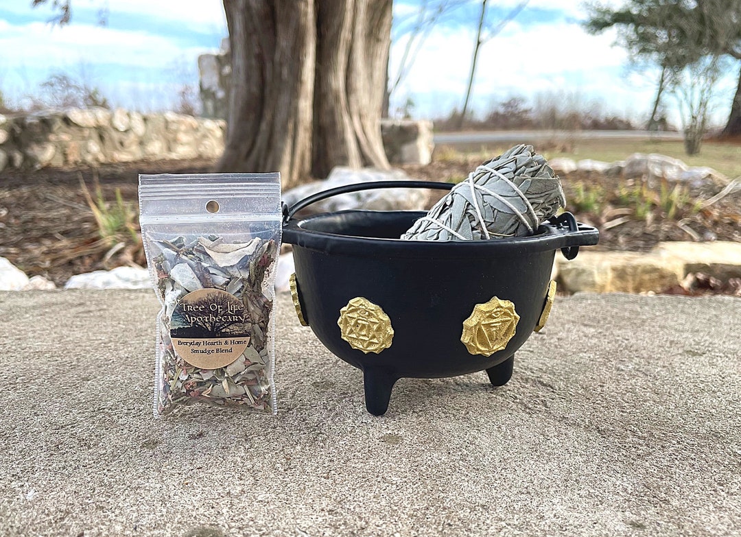 Cast Iron Cauldron Smudging Bowl Brass Chakras, 4" White Sage Wand, and ...