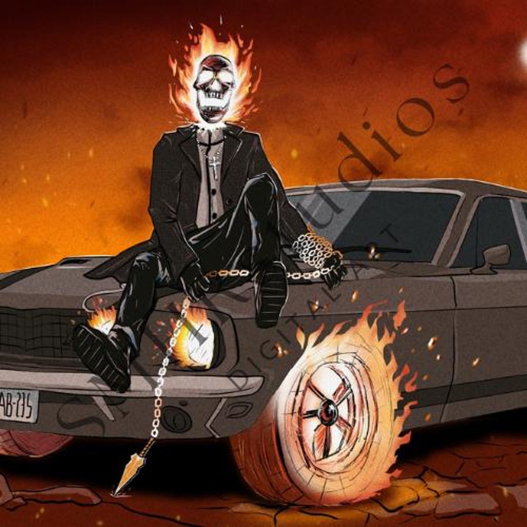 Fiery Ghost Rider Digital Art Dark Fantasy Car Illustration Custom ...